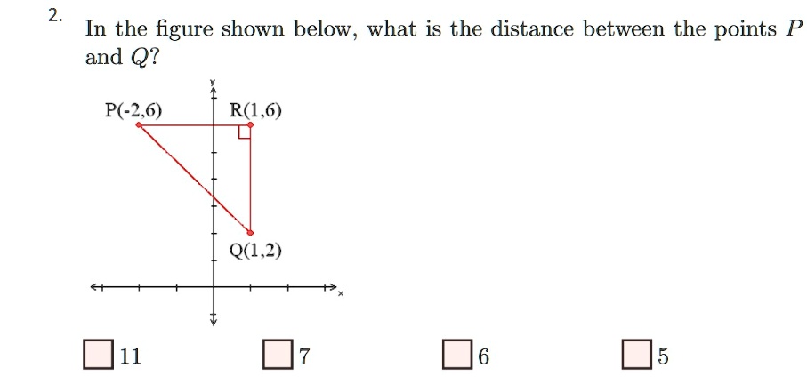 SOLVED: In the figure shown below, what is the distance between the points P and Q? P(-2,6) R(.6 ...