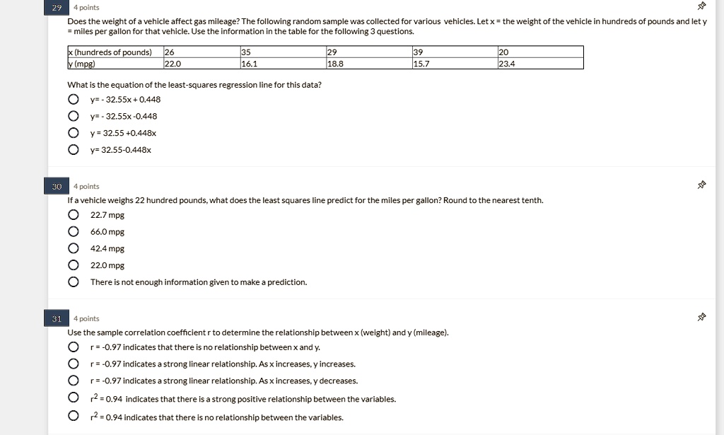 SOLVED: Does the weight of a vehicle affect gas mileage? The following ...