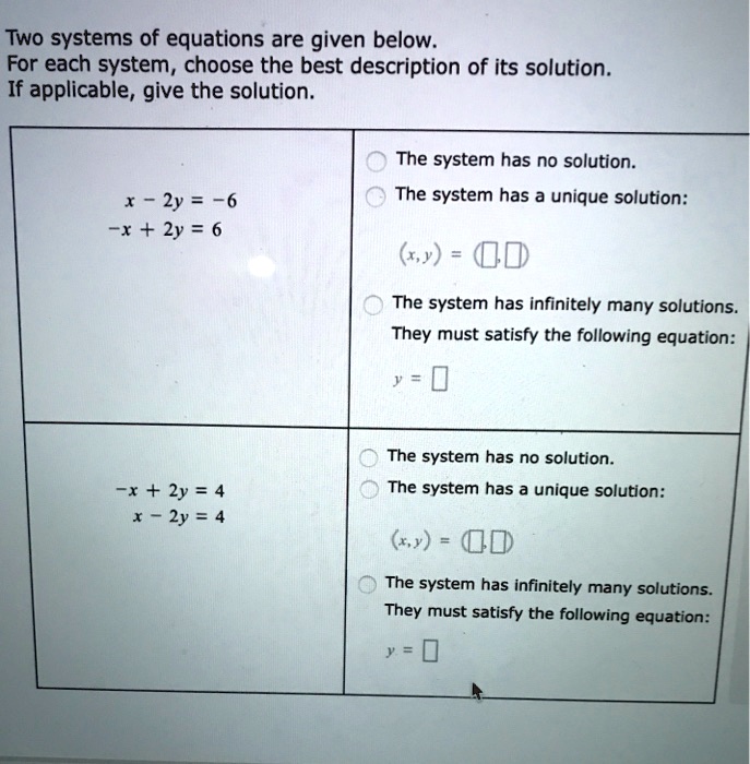 Two systems of equations are given below. For each system, choose the best description of its ...