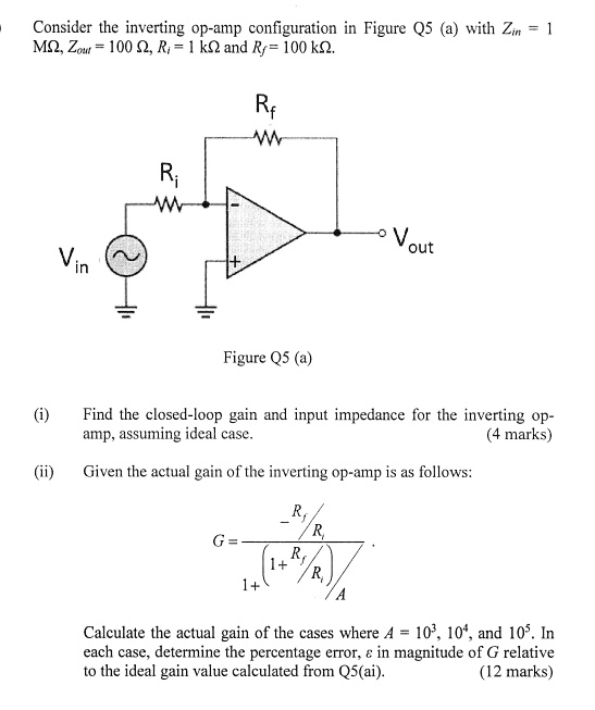 SOLVED: Consider the inverting Op-amp configuration in Figure Q5 (a) with Z = 1 MÎ©, Zow = 100 Î ...