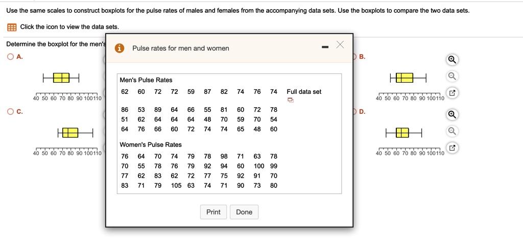 use the same scales construct boxplots for the pulse rates of males and ...