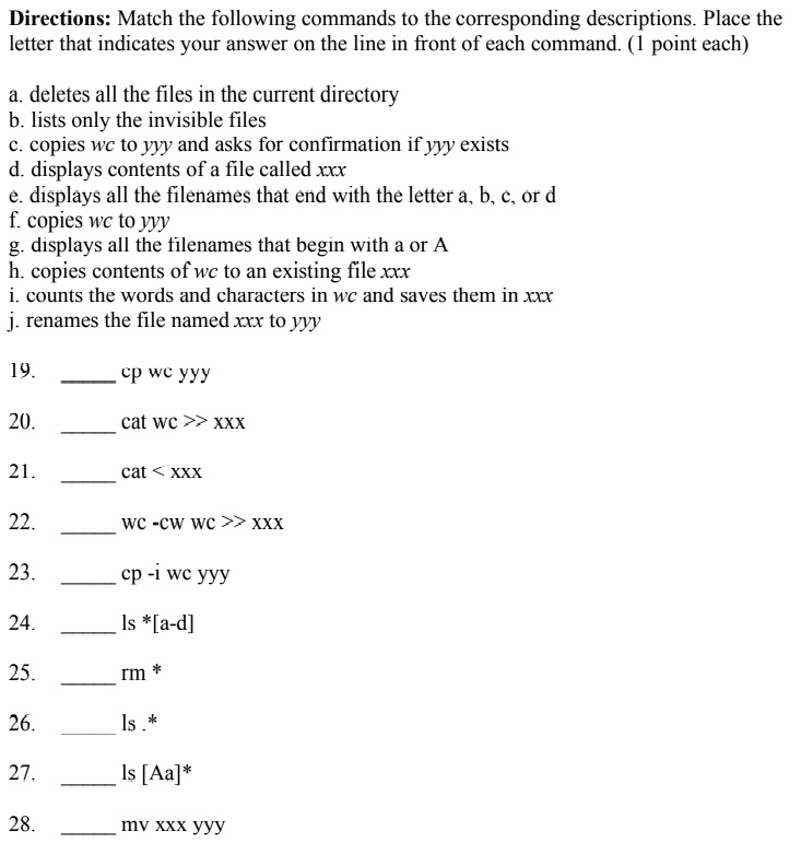 Directions: Match the following commands to the corresponding ...