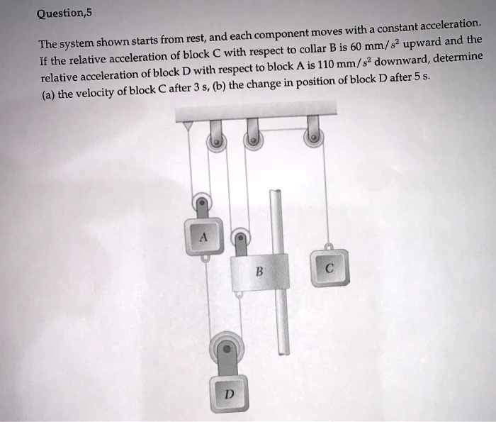 SOLVED: Question 5: The system shown starts from rest, and each component moves with a constant ...