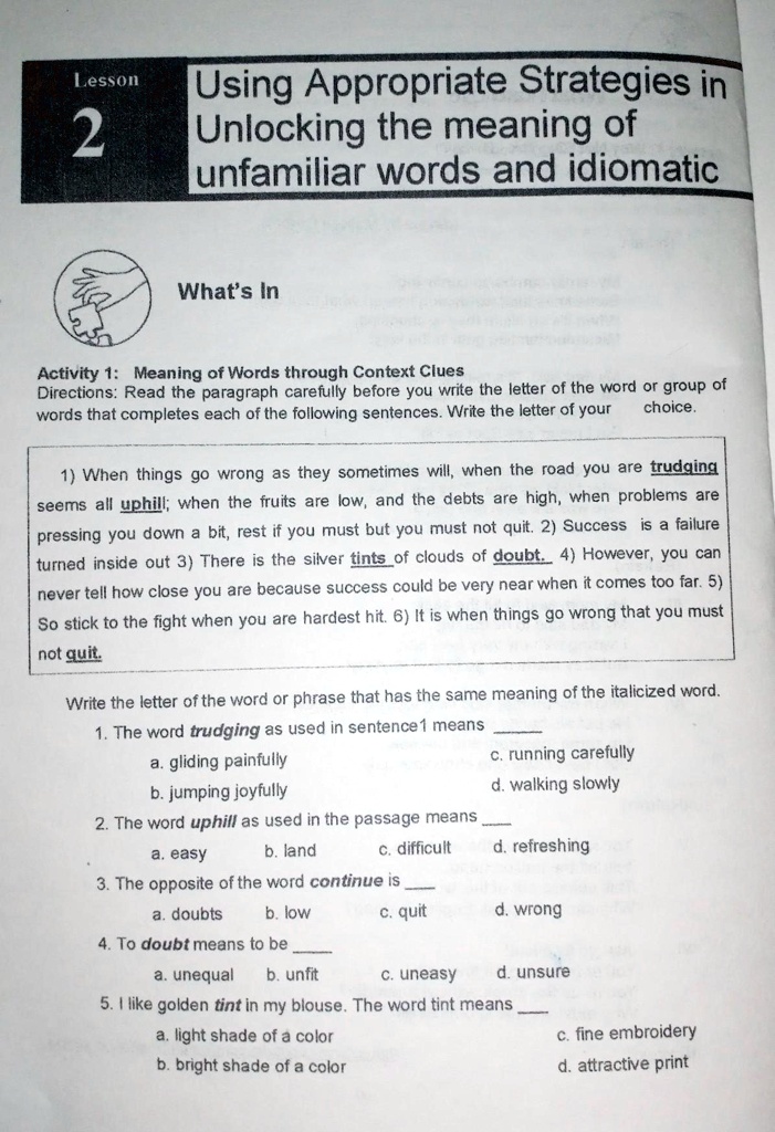 SOLVED: Meaning of Words: Context Clues Lesson [Using Appropriate ...