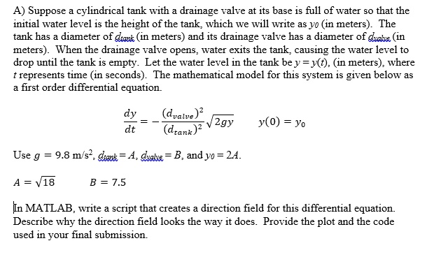 A) Suppose a cylindrical tank with a drainage valve at its...