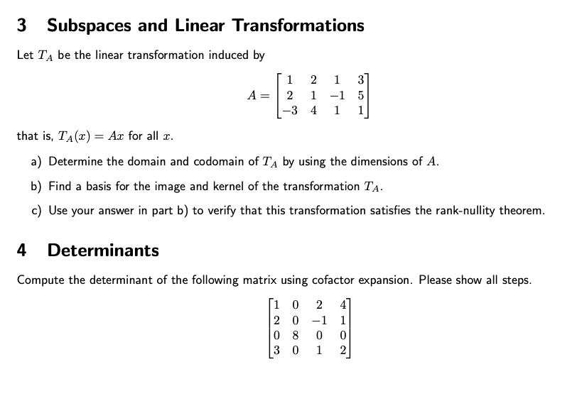 3 Subspaces And Linear Transformations Let Ta Be The Linear Transformation Induced By A 3 1 That