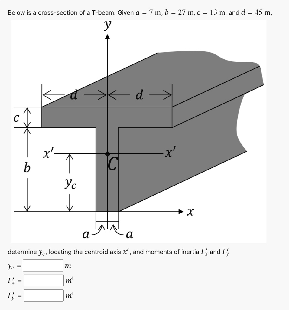 Below is a cross-section of a T-beam. Given a = 7 m, b = 27 m, c = 13 m ...