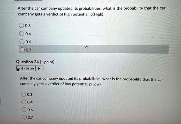 SOLVED:After the car company updated its probabilities, what is the ...