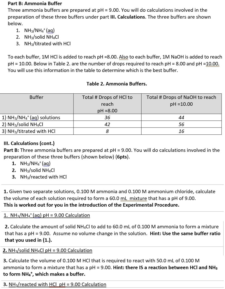 SOLVED:Part B: Ammonia Buffer Three ammonia buffers are prepared at pH ...