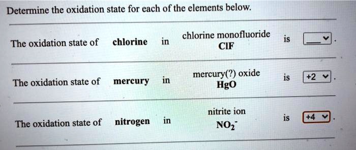 SOLVED:Determine the oxidation state for cach of the elements below ...