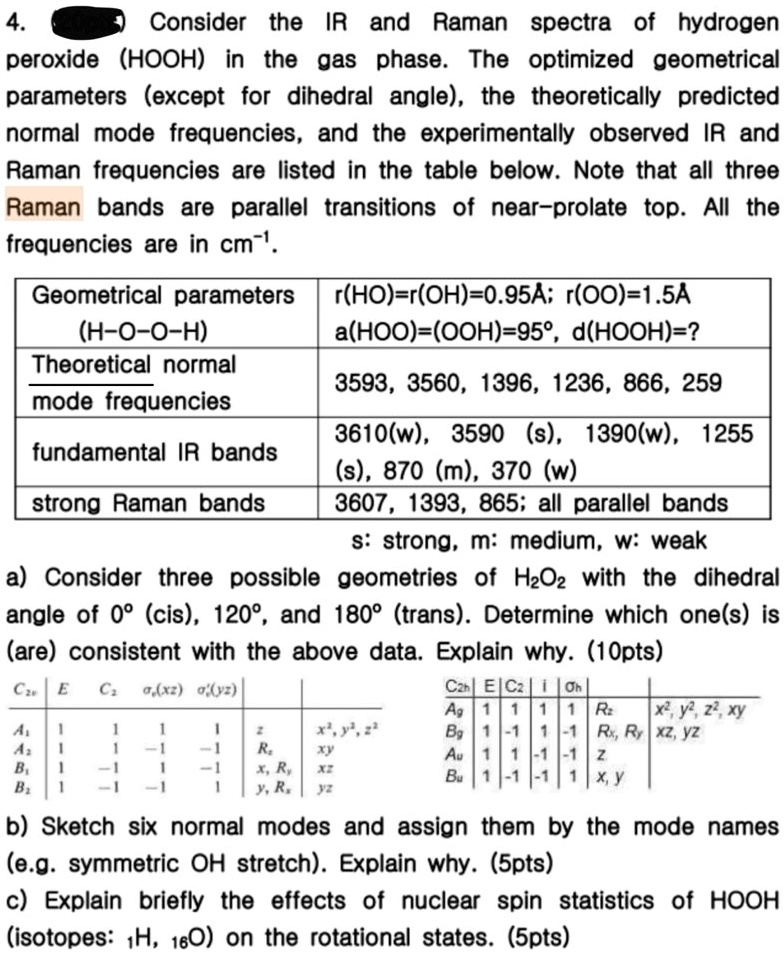 4 consider the ir and raman spectra of hydrogen peroxide hooh in the ...