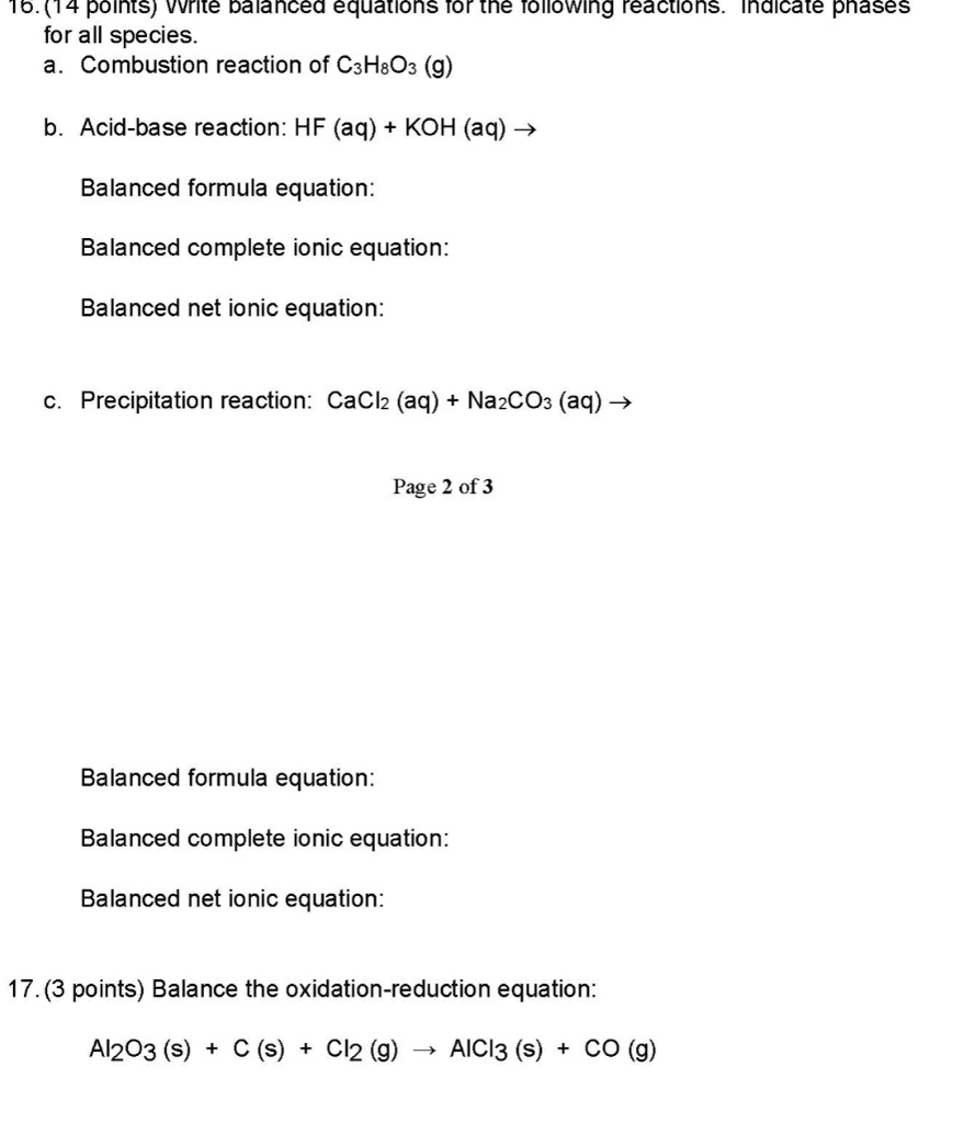 SOLVED: 70.(14 points) vvrile palancea equations ior (ne iollowing reactions: inaicale pnases ...