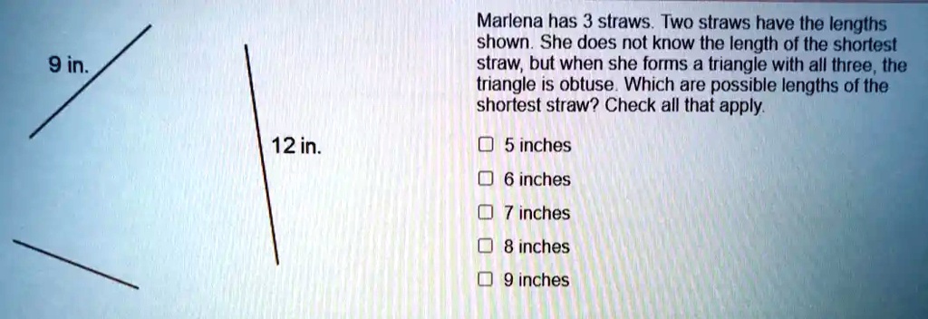 SOLVED: Marlena has 3 straws. Two straws have the lengths shown. She ...