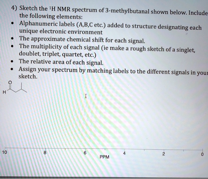 SOLVED: 4) Sketch the 'H NMR spectrum of 3-methylbutanal shown below Include the following ...
