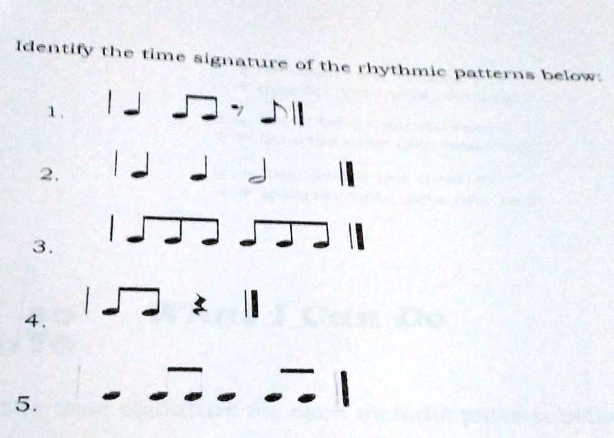 Identify the time signature of the rhythmic patterns below.