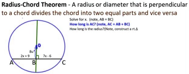Radius-Chord Theorem: A radius or diameter that is perpendicular to a chord divides the chord ...