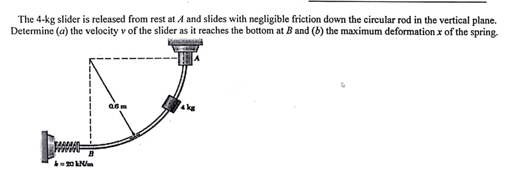 The 4-kg slider is released from rest at A and slides with negligible ...