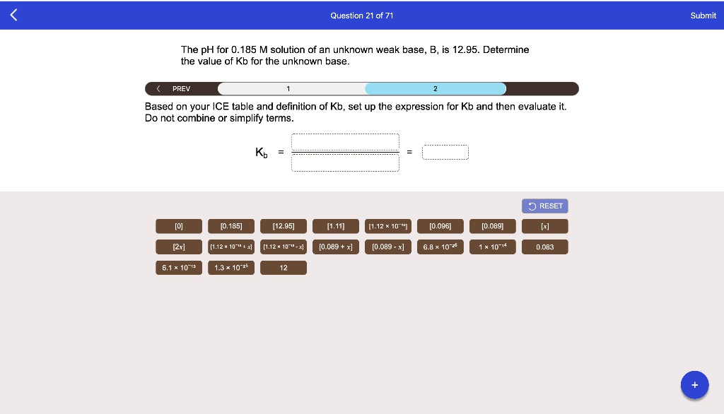 question 21 of 71 submit the ph for 0185 m solution of an unknown weak ...