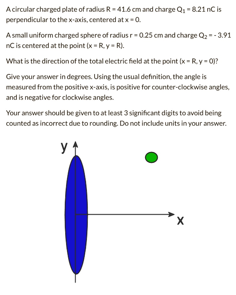 SOLVED: Acircular charged plate of radius R = 41.6 cm and charge Q1 8.21nC is perpendicular to ...