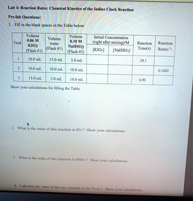SOLVED: Lab 4: Reaction Rates: Chemical Kinetics of the Iodine Clock ...