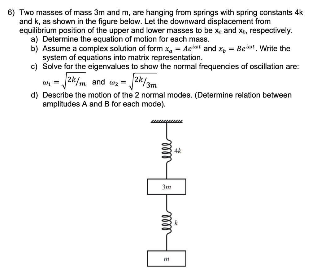 SOLVED: Two masses of mass 3m and m are hanging from springs with spring constants 4k and k, as ...