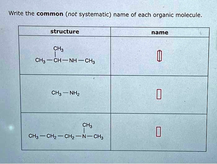 SOLVED: HELP Write the common (not systematic name of each organic ...