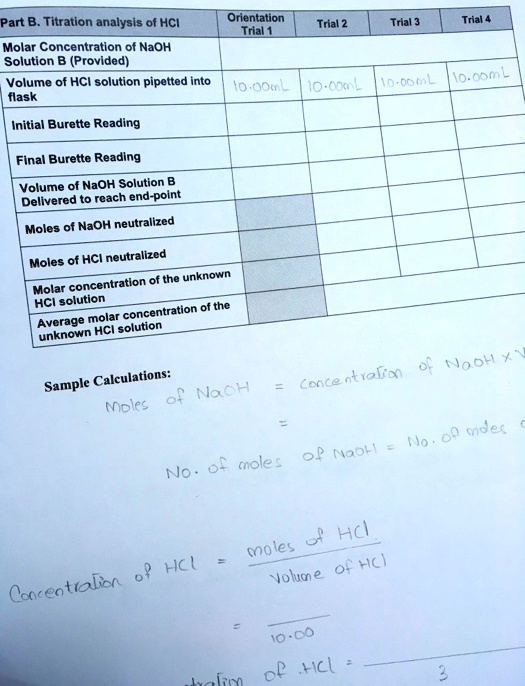 Part B. Titration analysis of HCI Molar Concentration of NaOH Solution B (Provided) Volume of ...