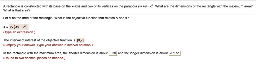 SOLVED: rectangle is constructed with its base on the x-axis and two of its vertices on the ...