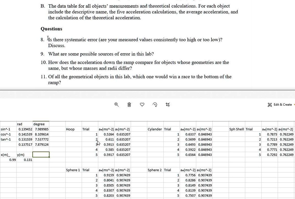 SOLVED: The data table for all objects' measurements and theoretical ...