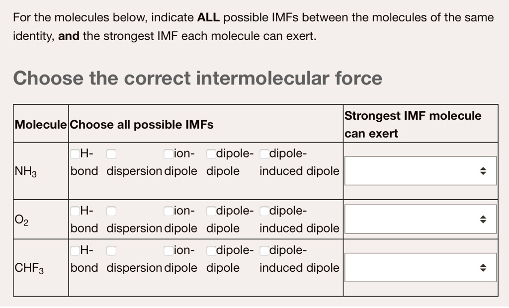 SOLVED: For the molecules below; indicate ALL possible IMFs between the ...