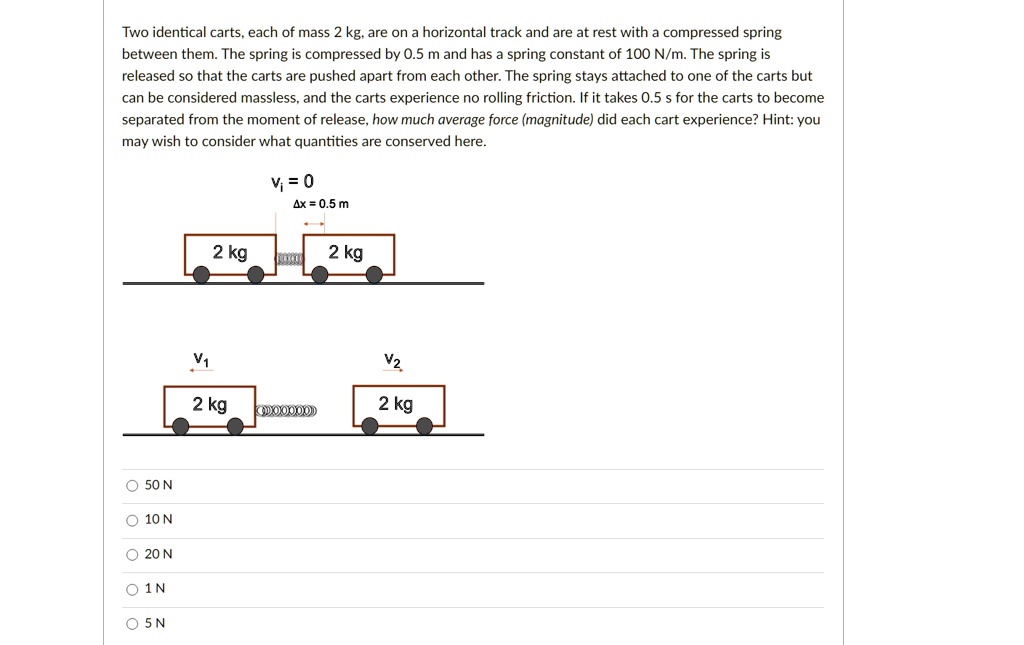 two identical carts each of mass 2 kg are on a horizontal track and are ...