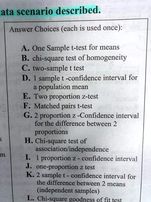 ata scenario described answer choices each is used once a one sample t ...