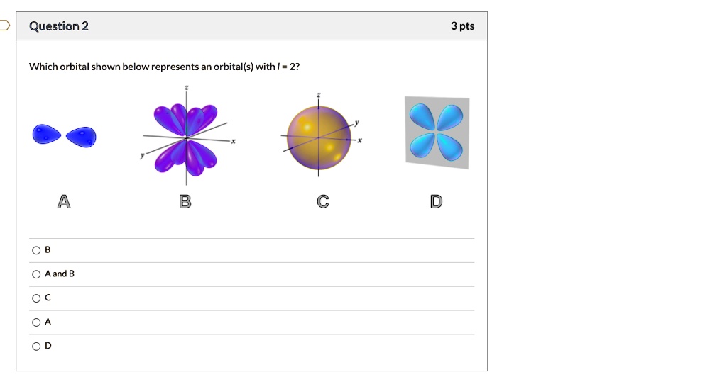SOLVED: Question 2 3 pts Which orbital shown below represents an ... SOLVED: Question 2 3 pts Which orbital shown below represents an ...