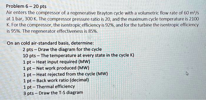 SOLVED: Regenerative Brayton Cycle Problem: Air enters the compressor of a regenerative Brayton ...