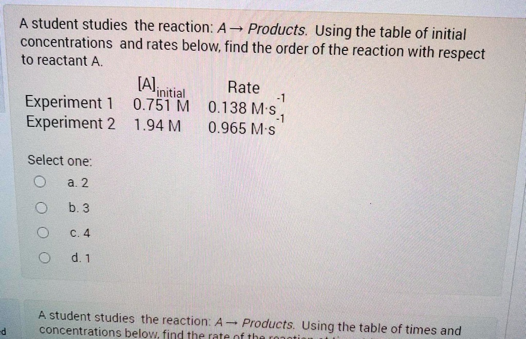SOLVED: A student studies the reaction: A Products. Using the table of initial concentrations ...
