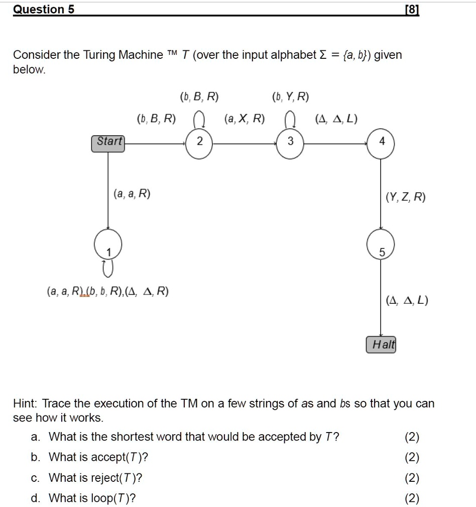 Question 5 Consider the Turing Machine ™ T (over the input alphabet ? = a, b) given below. (b, B ...