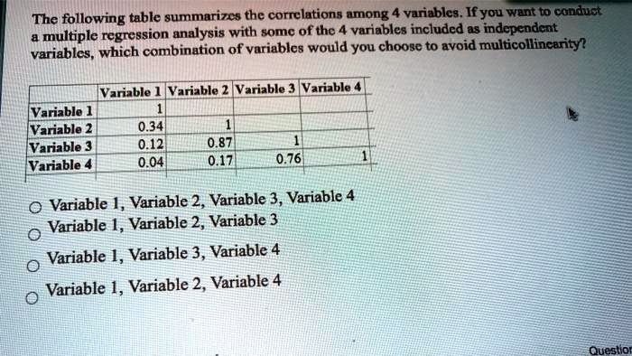 SOLVED: The following table summarizes the correlations among 4 variables. If you want to ...