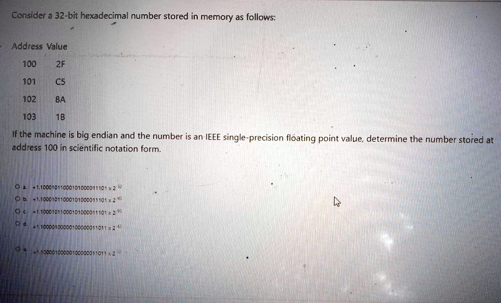 SOLVED: help me out I have 20mins Consider a 32-bit hexadecimal number ... SOLVED: help me out I have 20mins Consider a 32-bit hexadecimal number ...