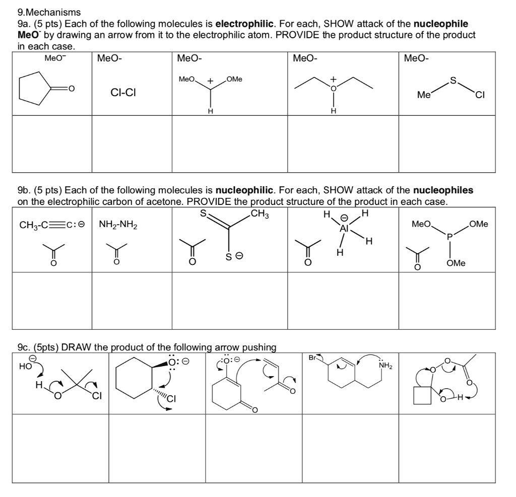 SOLVED: 9.Mechanisms 9a. (5 pts) Each of the following molecules is electrophilic. For each ...