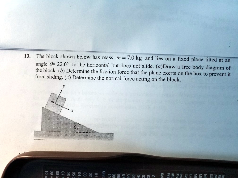 13. The block shown below has mass m = 7.0 kg and lies on a fixed plane ...