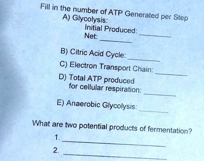 fill in the a gumber of atp generated glycolysis per step initial ...