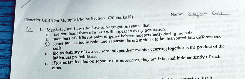 genetics unit test multiple choice section 20 marks k 1 mendels first ...