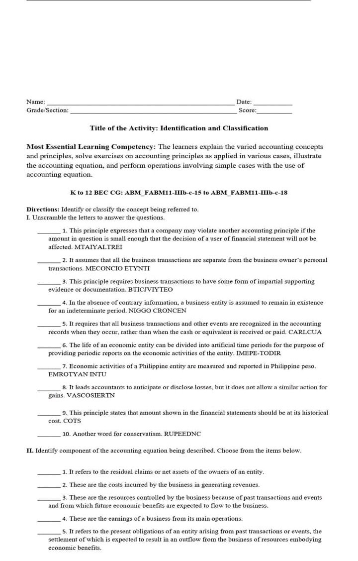 Name: Date: Grade/Section: Score: Title of the Activity: Identification ...