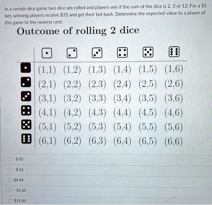 SOLVED: In a certain dice game two dice are rolled and players win if ...