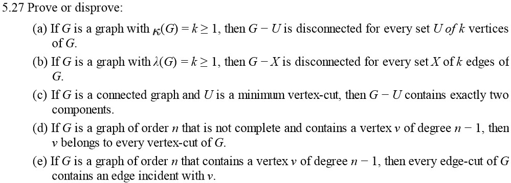 SOLVED: 5.27 Prove O disprove: If G is a graph with K(G) = kz 1, then G Uis disconnected for ...
