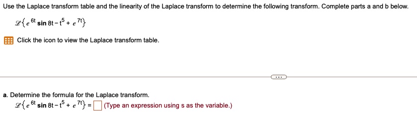 SOLVED: Use the Laplace transform table and the linearity of the Laplace transform to determine ...