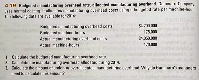 SOLVED: 4-19 Budgeted manufacturing overhead rate, allocated ... SOLVED: 4-19 Budgeted manufacturing overhead rate, allocated ...