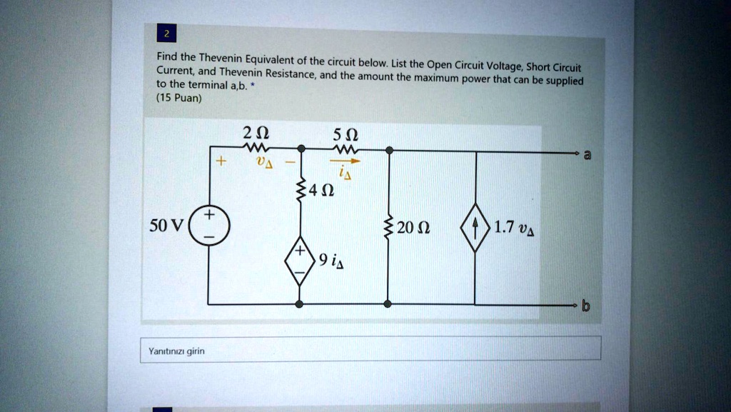 SOLVED: Find the Thevenin Equivalent of the circuit below. List the Open Circuit Voltage, Short ...