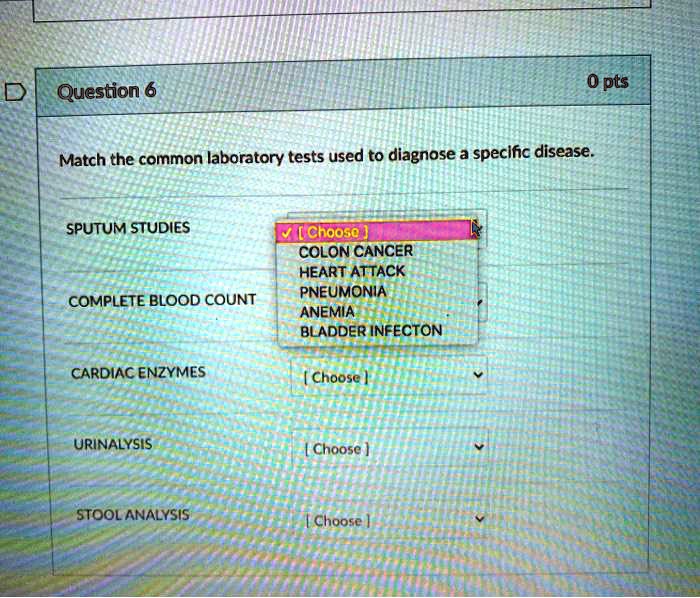 SOLVED: Match the common laboratory tests used to diagnose a specific ...