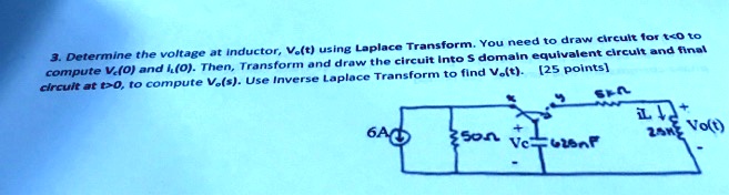 3. Determine the voltage at inductor, Vo(t) using Laplace Transform. You need to draw circuit ...